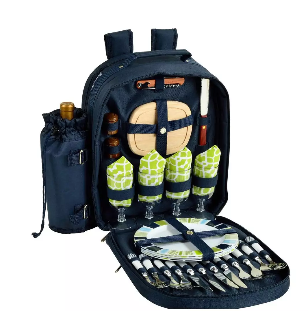 Deluxe ausgestatteter 4-Personen-Picknickrucksack in Navy und Trellis Green