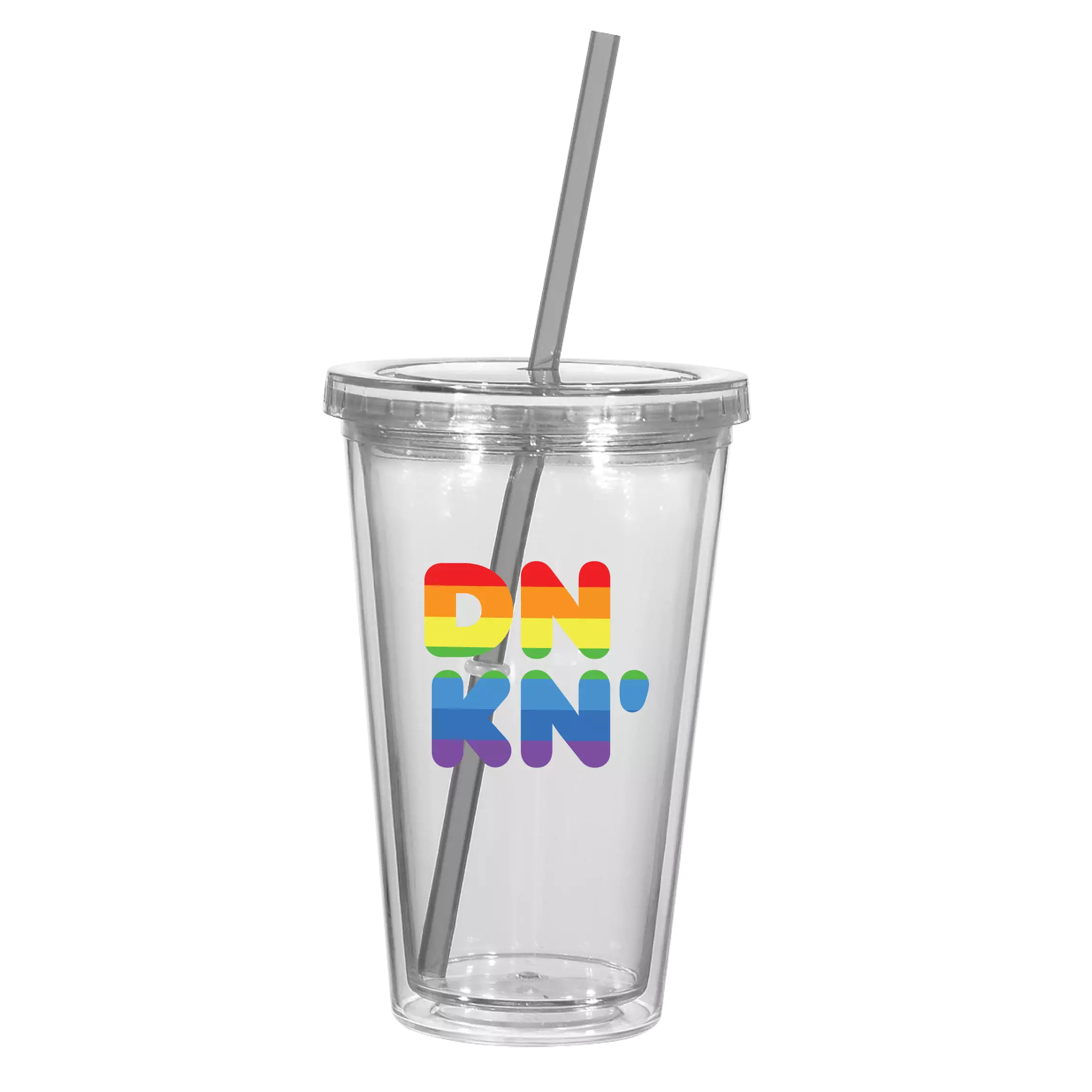 Dunkin 的 2021 Pride 商品包括一個彩虹玻璃杯。