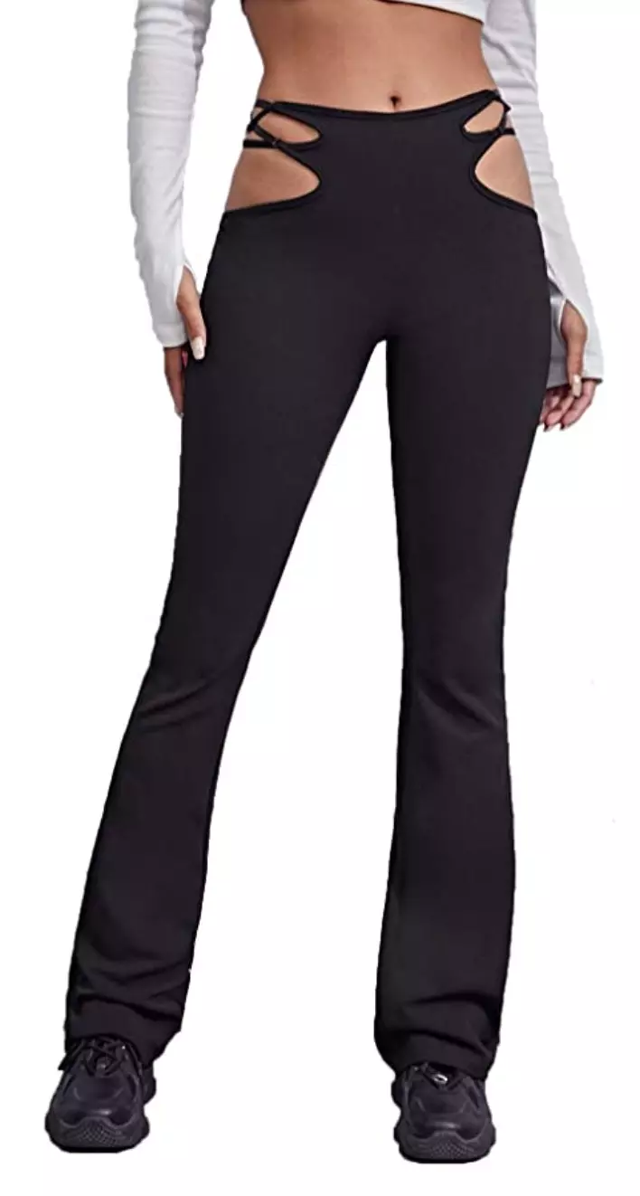 Verdusa Cov Poj Niam Mid Waist Txiav Tawm Laddering Stretch Comfy Flare Leg Night Out Pants