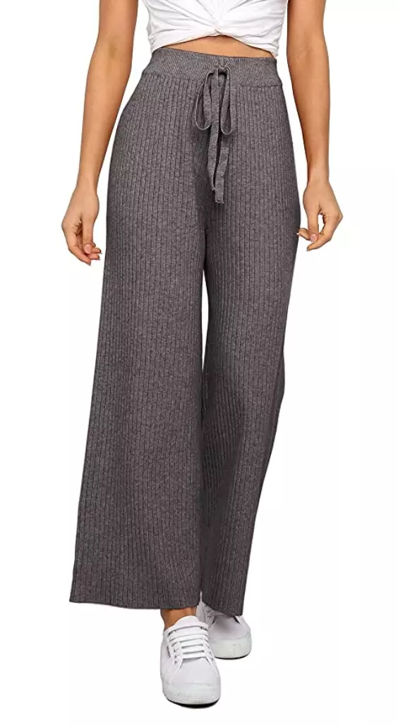 Waitfairy Womens Solid Rib Knit Wide Leg Pants Elastic Waist Flowy Sweater Pants