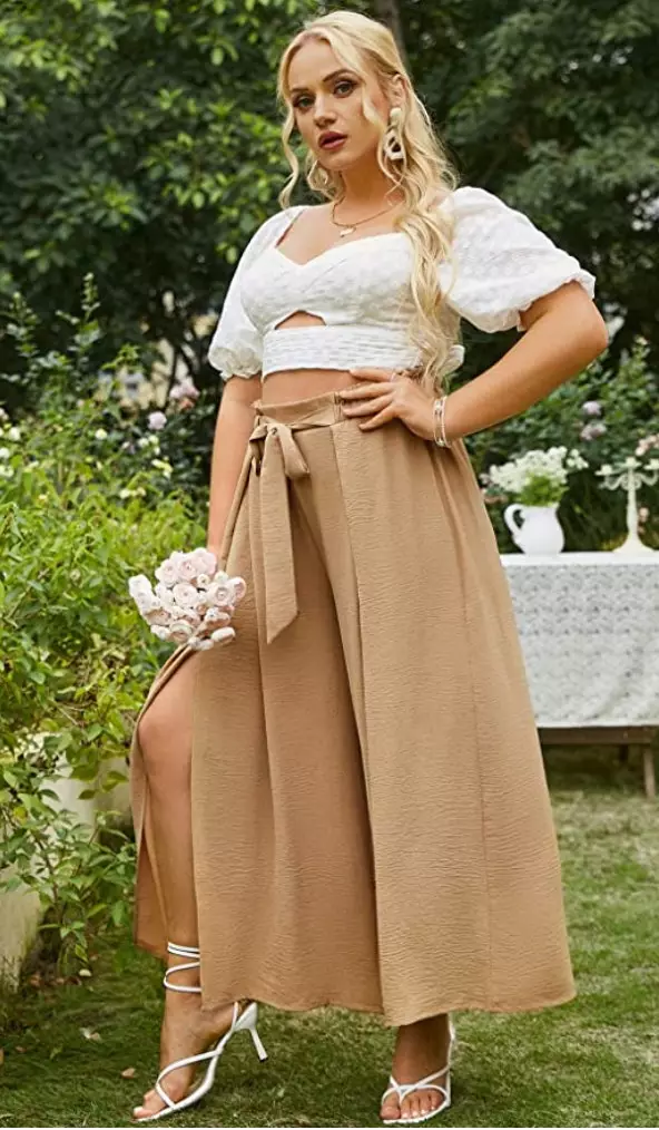 Yooj Yim Cov Poj Niam Elegant Striped Split High Waisted Belted Flowy Wide Leg Pants