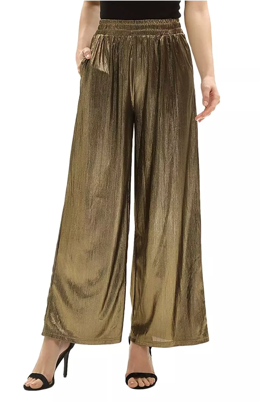 GRACE KARIN Cov Poj Niam Casual Loose Elastic Shiny Pocket Wide Leg Pants Trousers