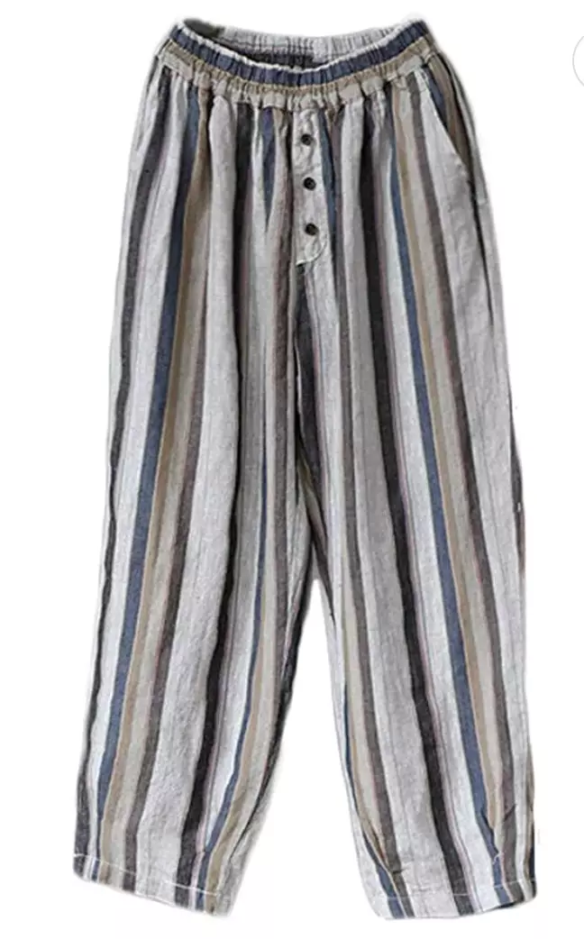 LaovanIn Women's Striped Wide-leg Cropped Pants Linen Capri Harem Casual Trousers