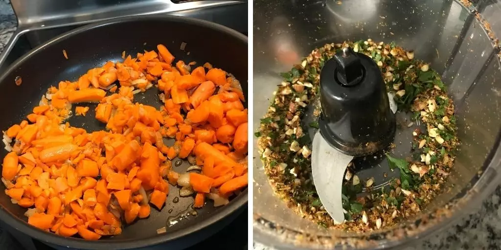 Chopped woartels koken yn in panne en mingde krûden yn in food processor