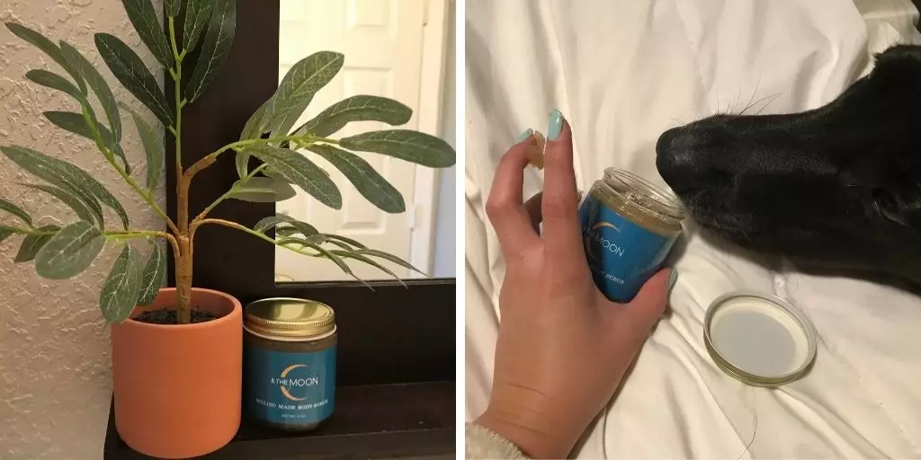 Rachel Varina probéiert de Malibu Made Body Scrub vu C & The Moon fir Elite Daily