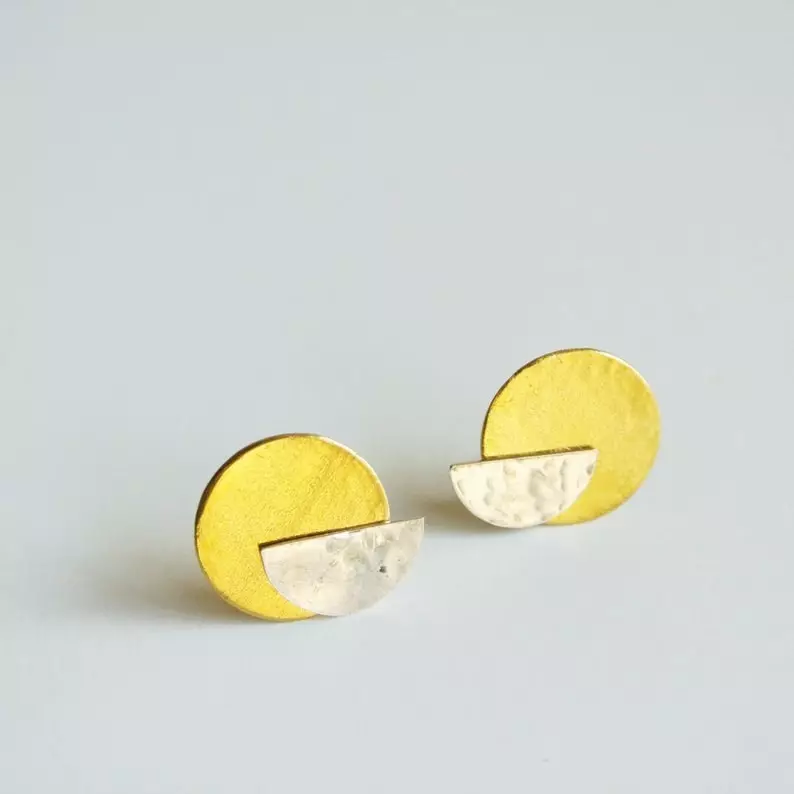 Half Moon Sterling Silver Stud nga adunay Gold Brass Disc Ear Jacket Earring - Art Deco