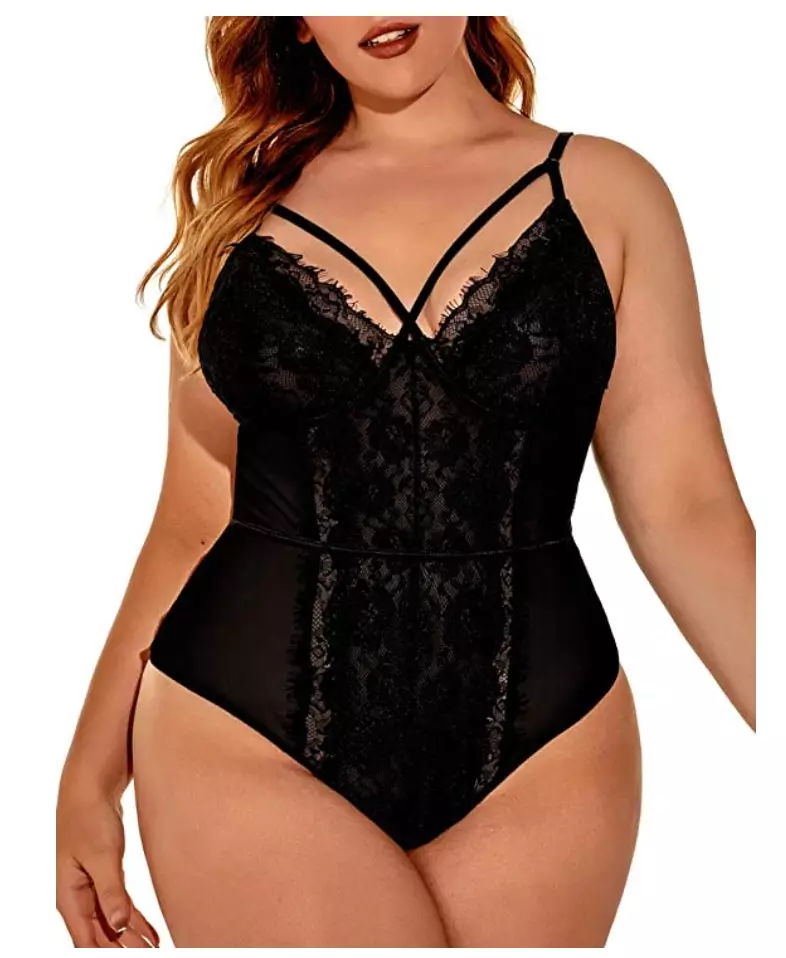 Kaei&Shi Plus Gréisst Wimper Spëtze Bodysuit