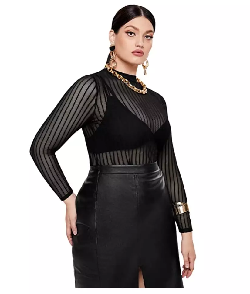 Floerns Plus Size Mock Neck läpinäkyvä verkkotoppi