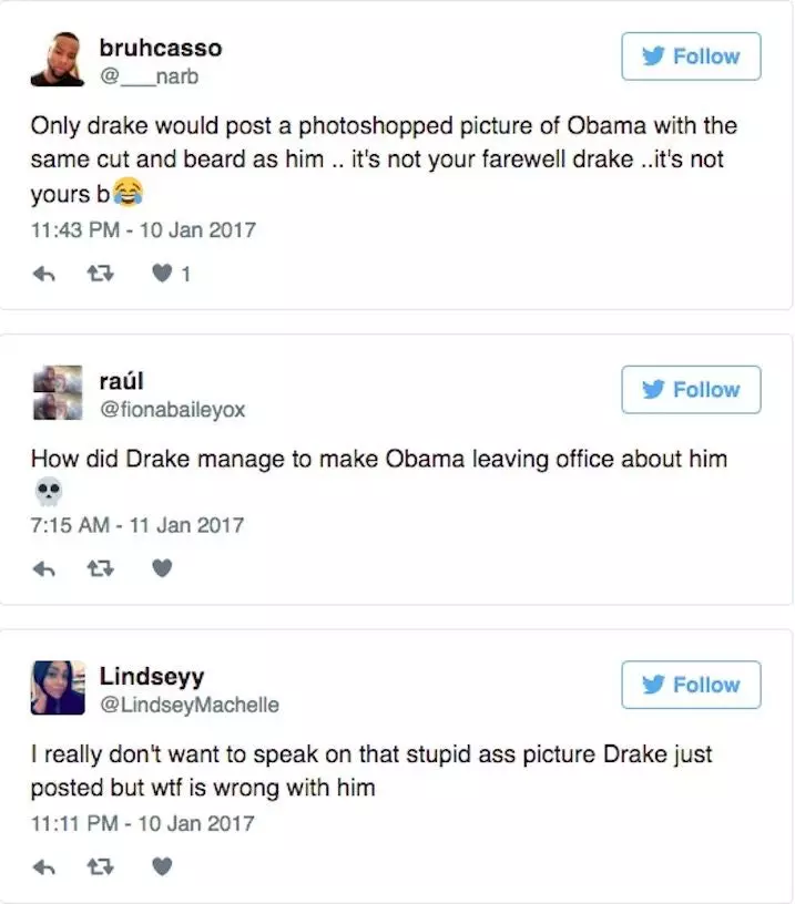 Jiddereen ass rosen op den Drake fir dëse Meme, deen hien als Hommage un den Obama gepost huet 30219_1