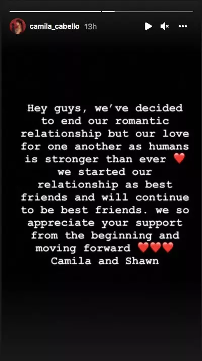 Camila Cabello אַנאַונסיז ברייקאַפּ פון Shawn Mendes אויף ינסטאַגראַם.