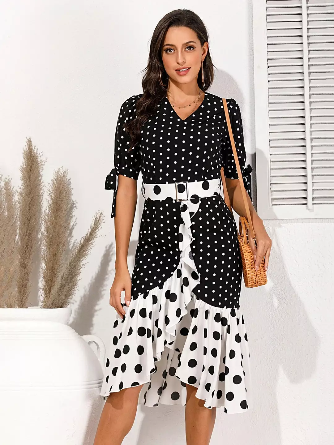 Polka Dot Knot Cuff Ruffle Belted Chiffon ඇඳුම