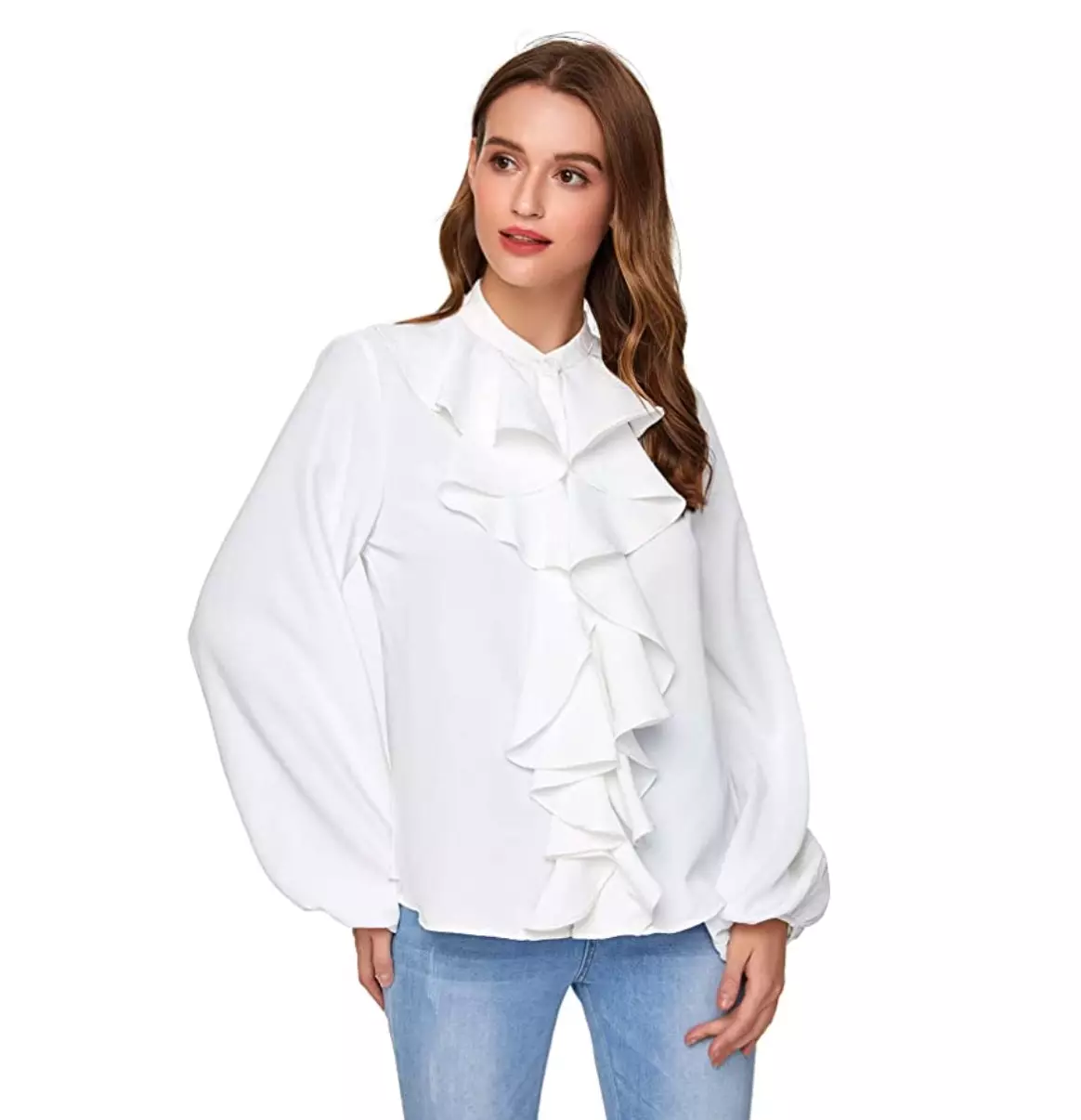 SheIn Long-Sleeve Button-Down Ruffled Lotus Shirt