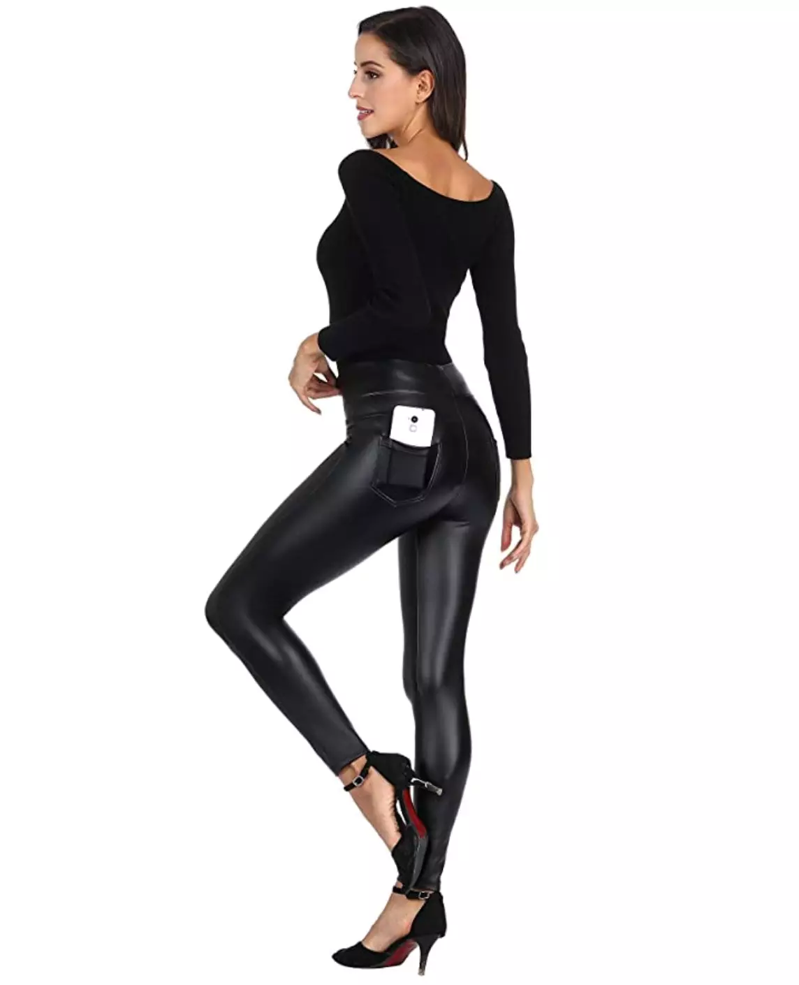 MCEDAR Faux Leggings Alawọ Pẹlu Awọn apo