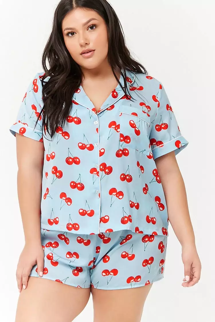 Ƙarin Girman Satin Cherry Print PJ Set