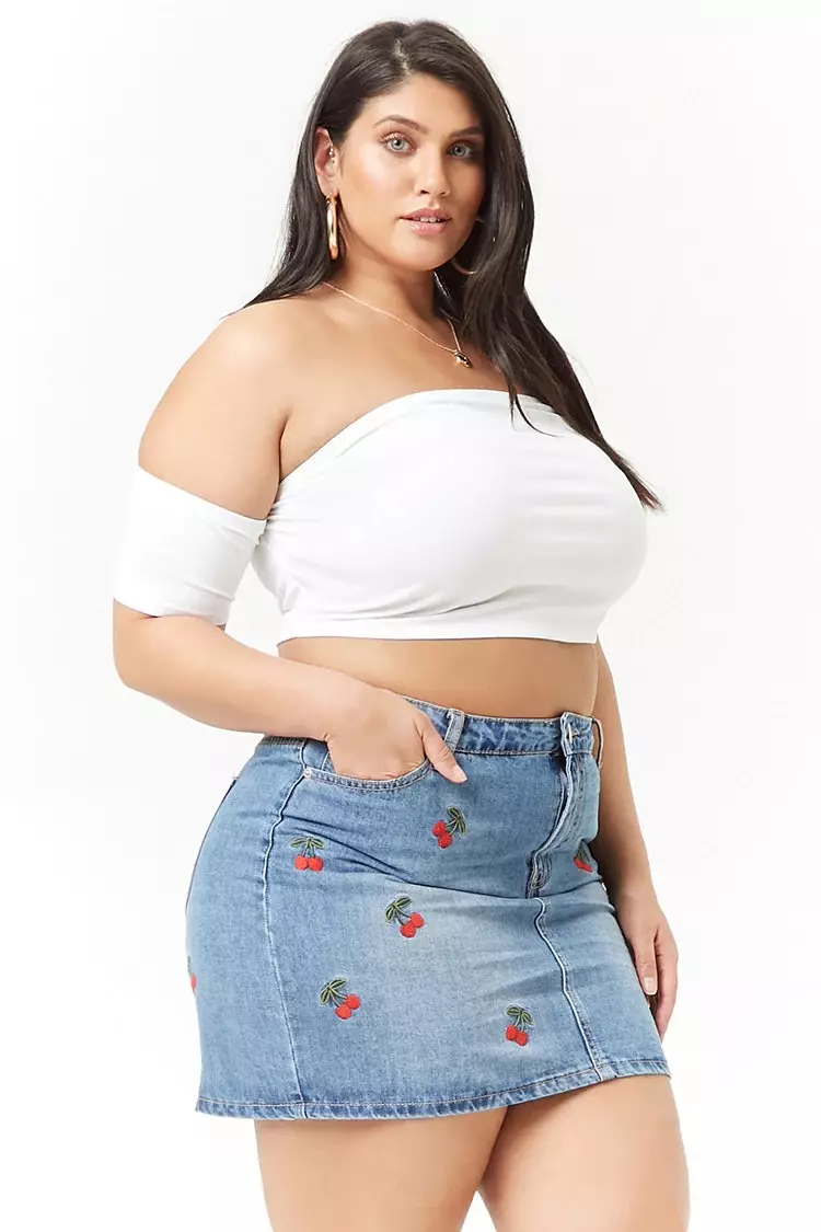 Plus Size Denim Minirock mit Kirschstickerei