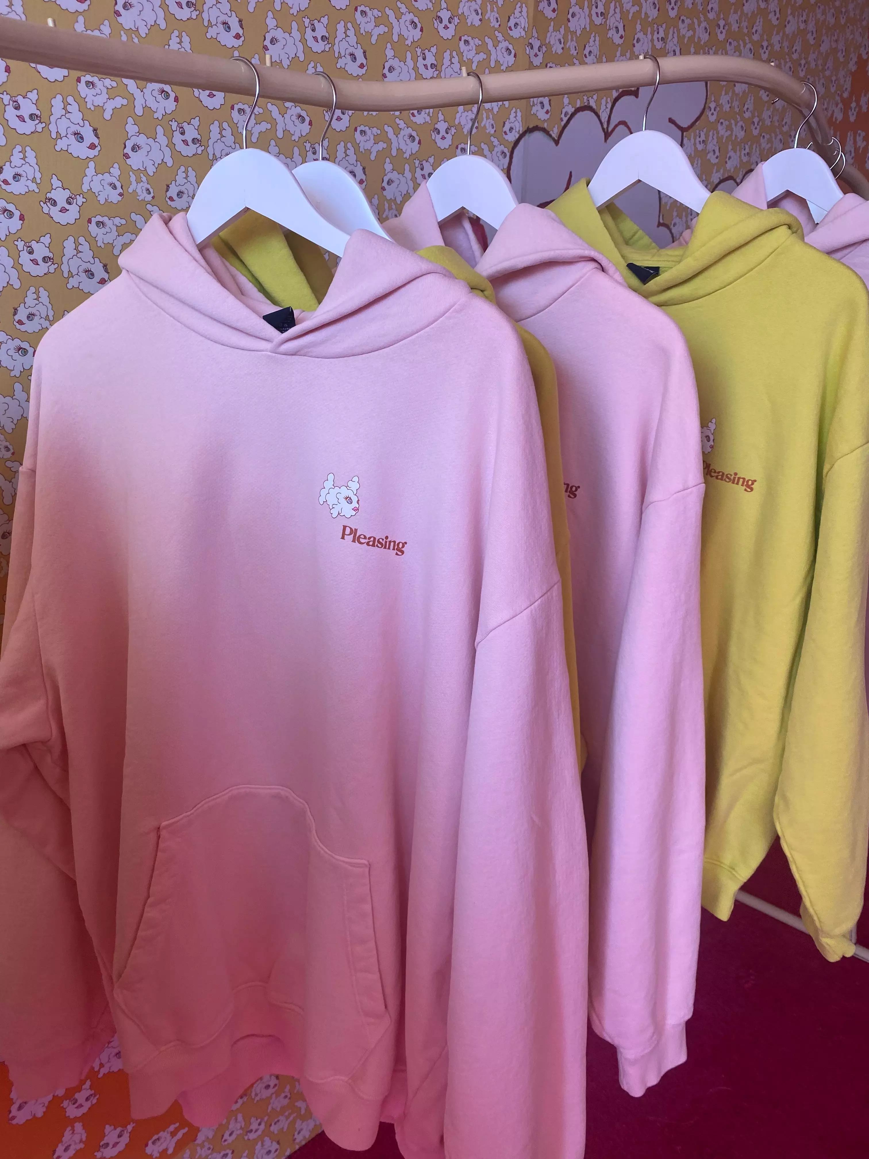 Ang Pleasing sweatshirt nga adunay logo sa cloud fish adunay pink ug yellow nga mga opsyon nga gipakita.