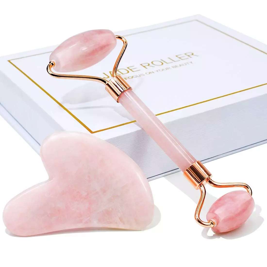 BAIMEI Rose Quartz Roller i Gua Sha set