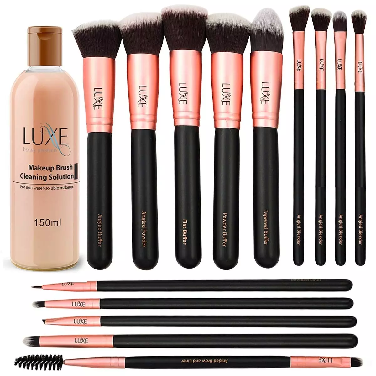 Set firçeyên Makeup Premium Luxe bi Çareseriya Paqijkirina Firçeyê (14 pcs)