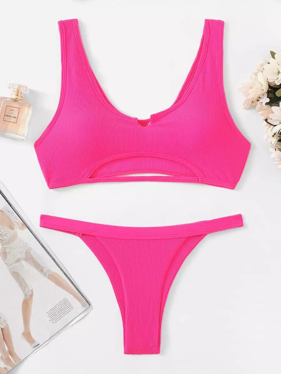 Neon Pink Ge-Jade Top Pẹlu Tanga Bikini