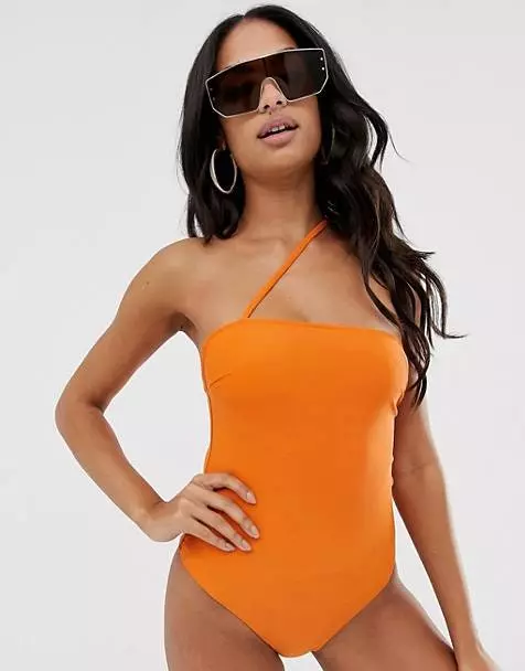 ASOS Apẹrẹ tunlo agbelebu ọrun Bandeau aso swimsuit ni neon osan