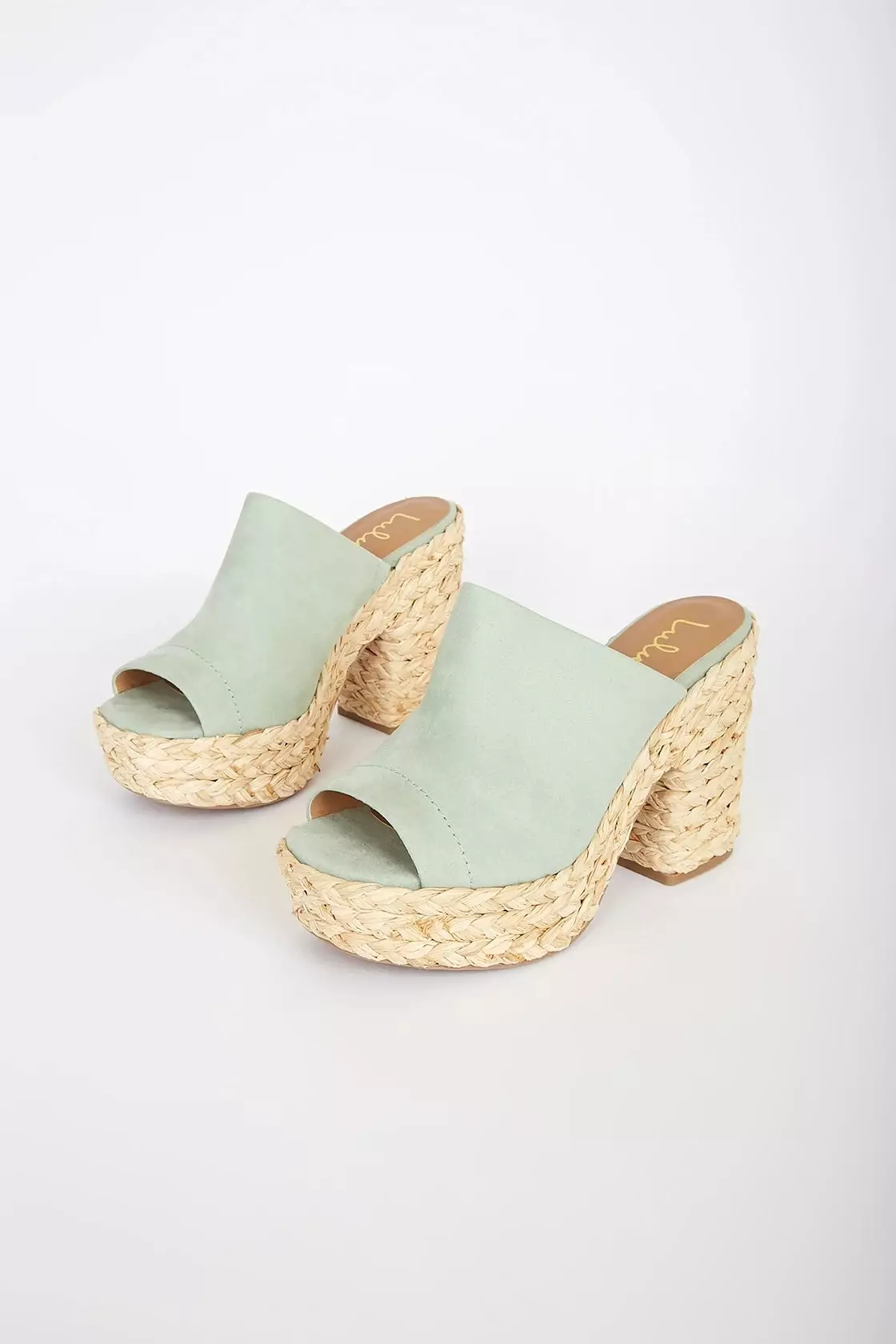 Ervyn Miętowe Zamszowe Sandały Raffia Platform Slide