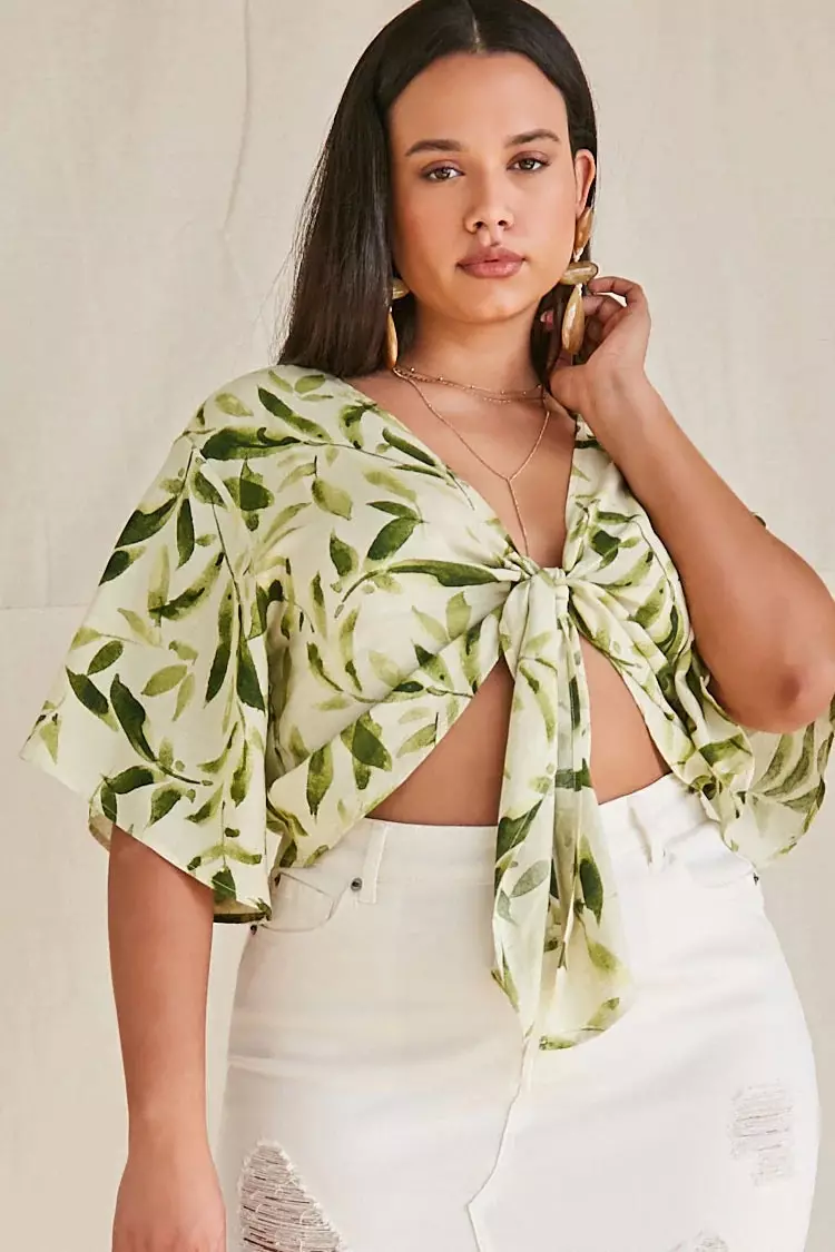 Forever 21 Plus Size Leaf Print megkötős elöl felső