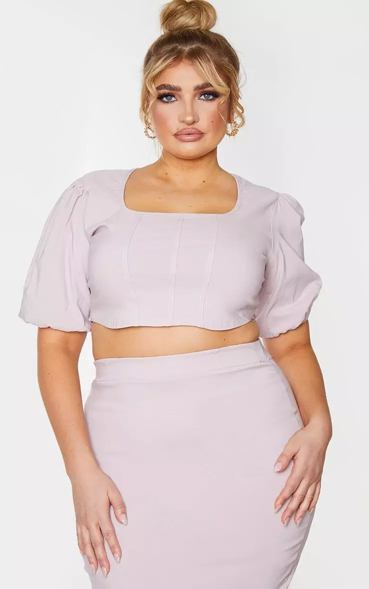 PrettyLittleThing Plus Dusty Pink sztreccs varrás részlet Puff Sleeve Crop Top