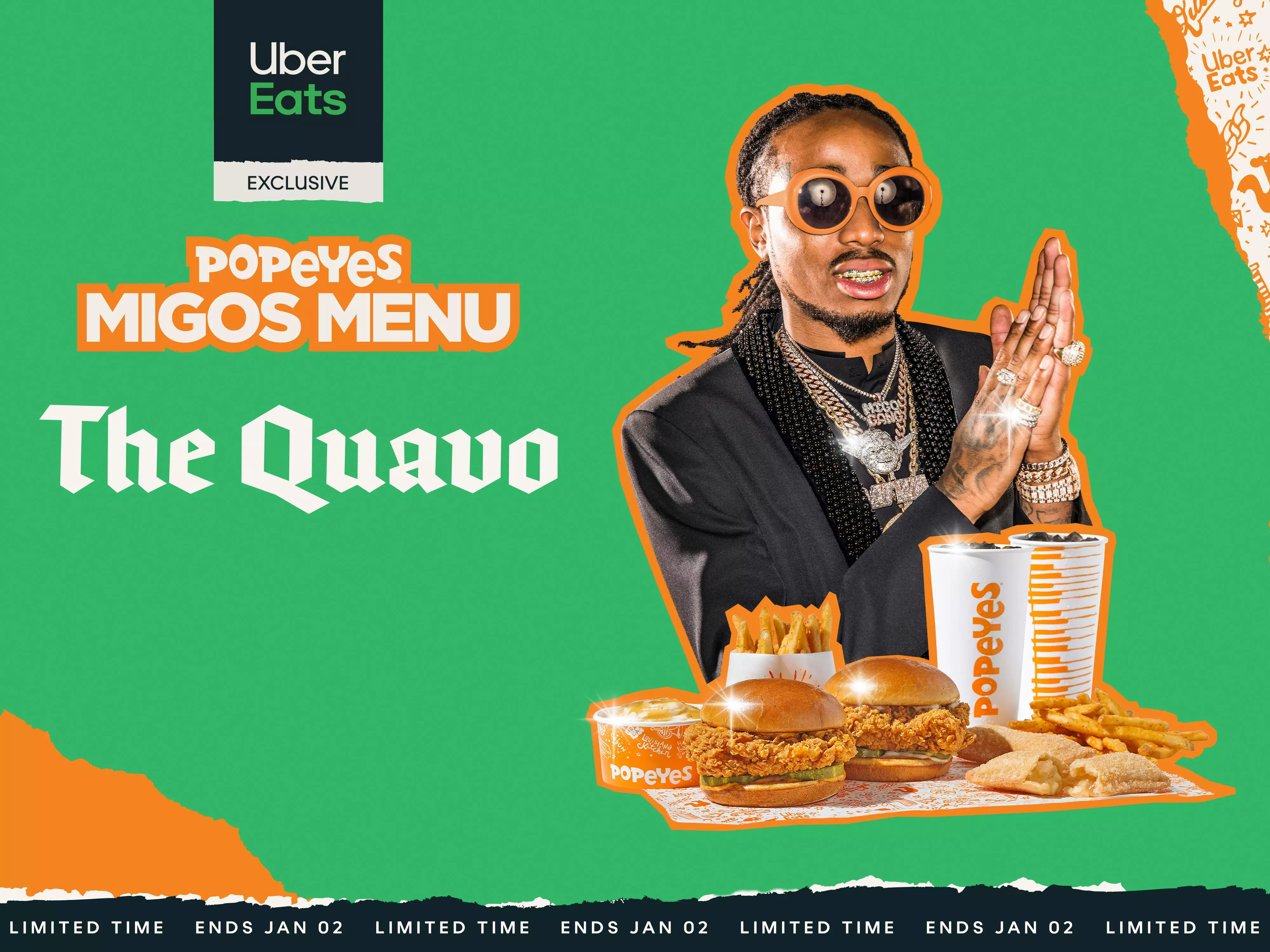 Menu Migos Popeyes penuh dengan biskut, pai epal, dan tender ayam.