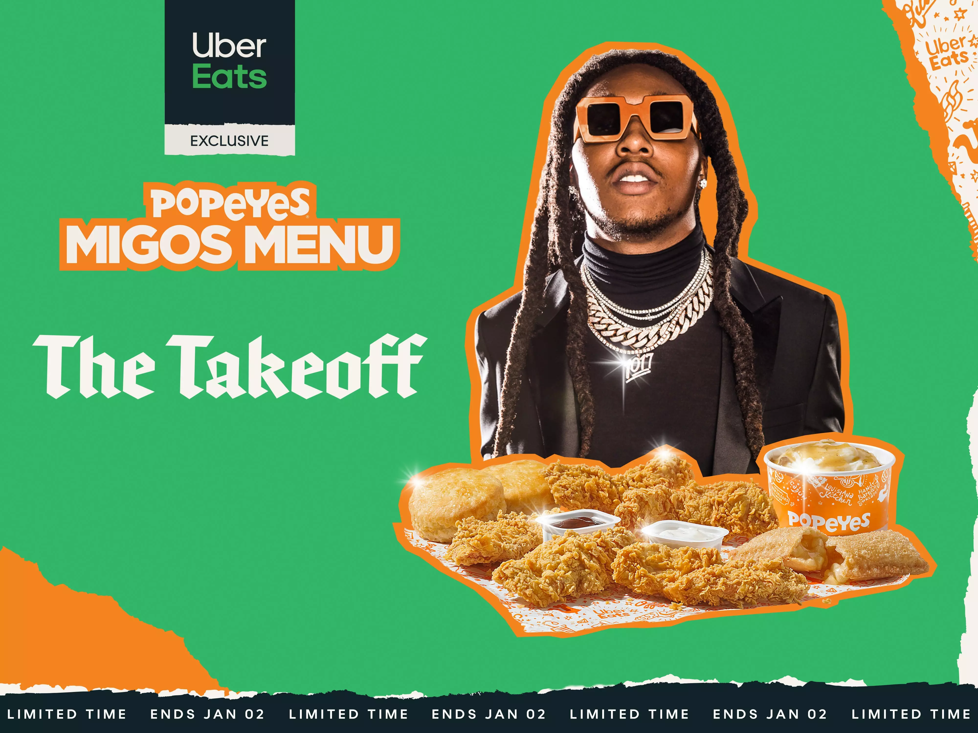 Popeyes' Migos Menu இரண்டு Popeyes' Chicken Sandwiches கொண்ட மெனு விருப்பத்தை உள்ளடக்கியது.